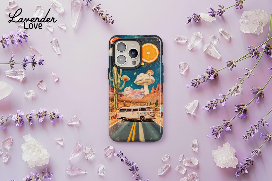 Retro Hippie Bus Phone Case: Mushroom Collage Cover iPhone 17 16 15 14 ...