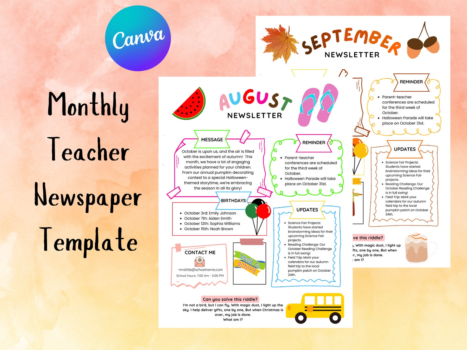 Newsletter Template, Editable Newsletter, Monthly Newsletter, School ...