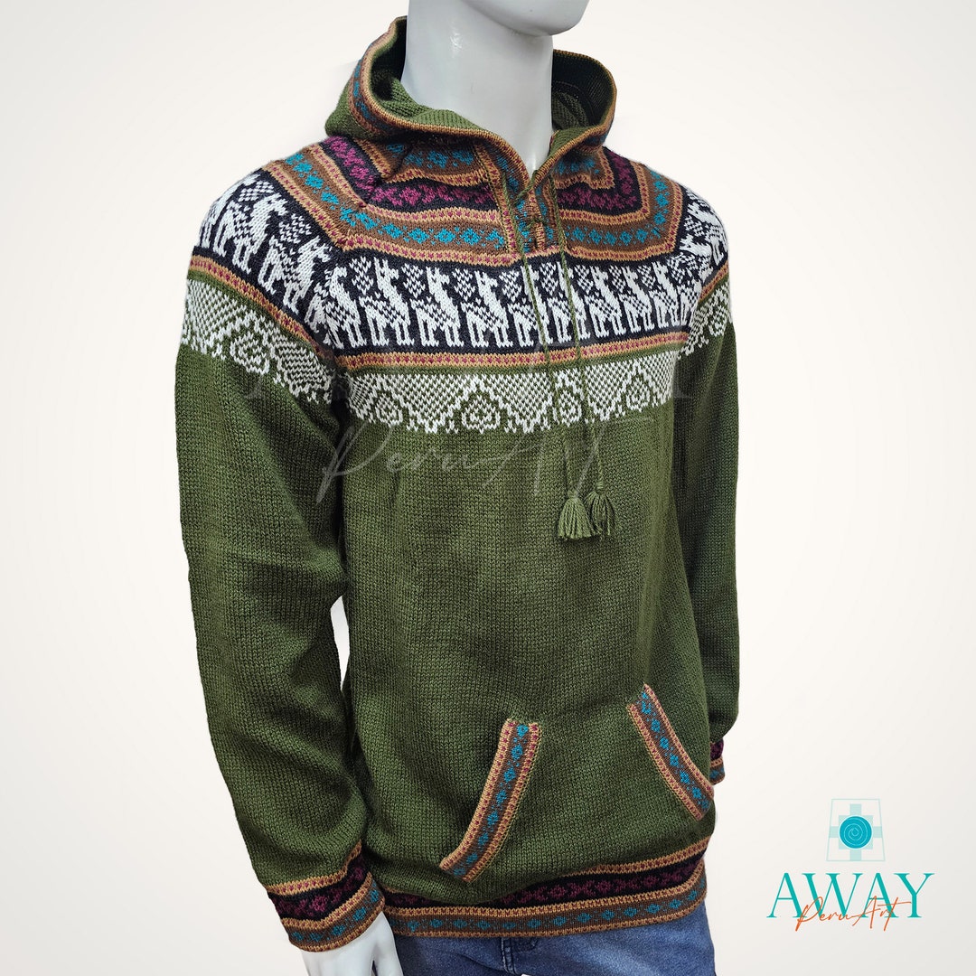 Alpaca Wool Hooded Sweater: Unisex Green Cardigan With Andean Motifs - Etsy