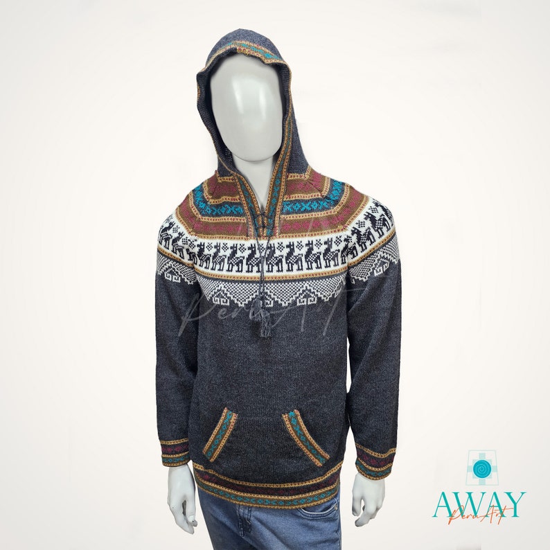 Alpaca Wool Hooded Sweater: Unisex Green Cardigan With Andean Motifs - Etsy