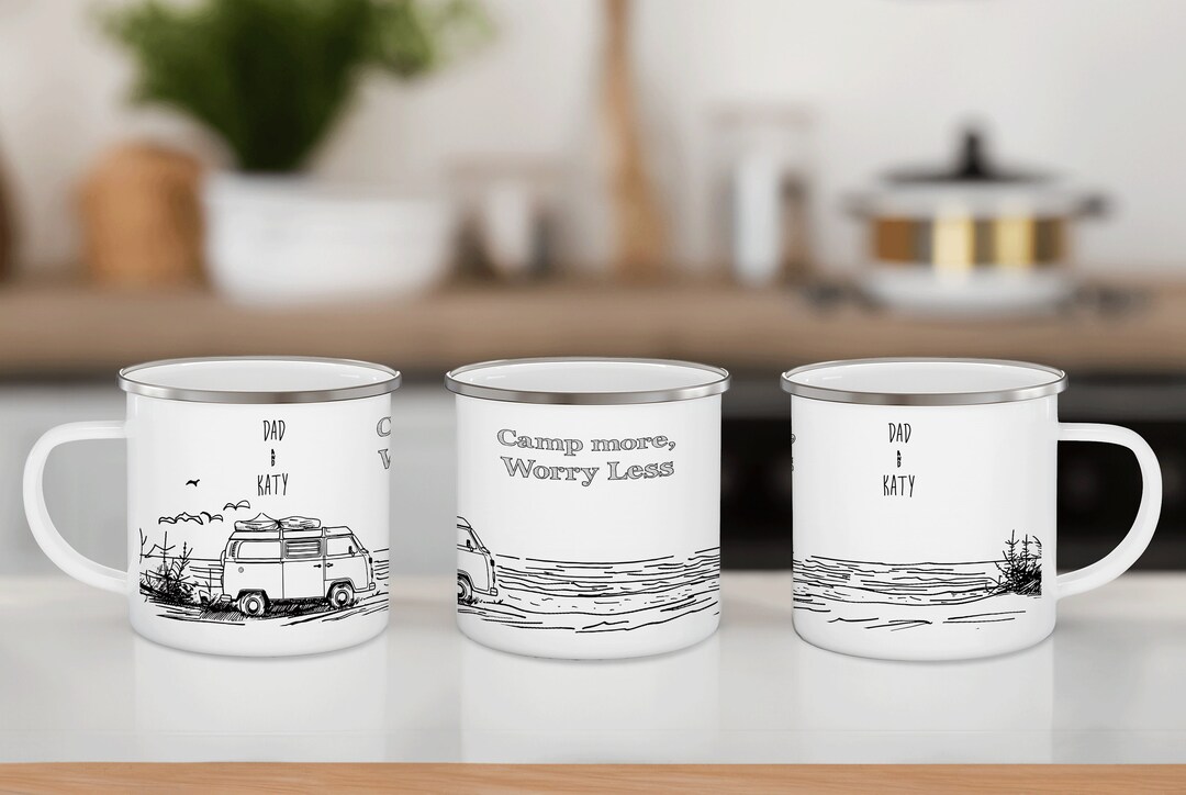 Personalized Enamel Camping Mug, Rustic Family Trip Essential, Custom ...