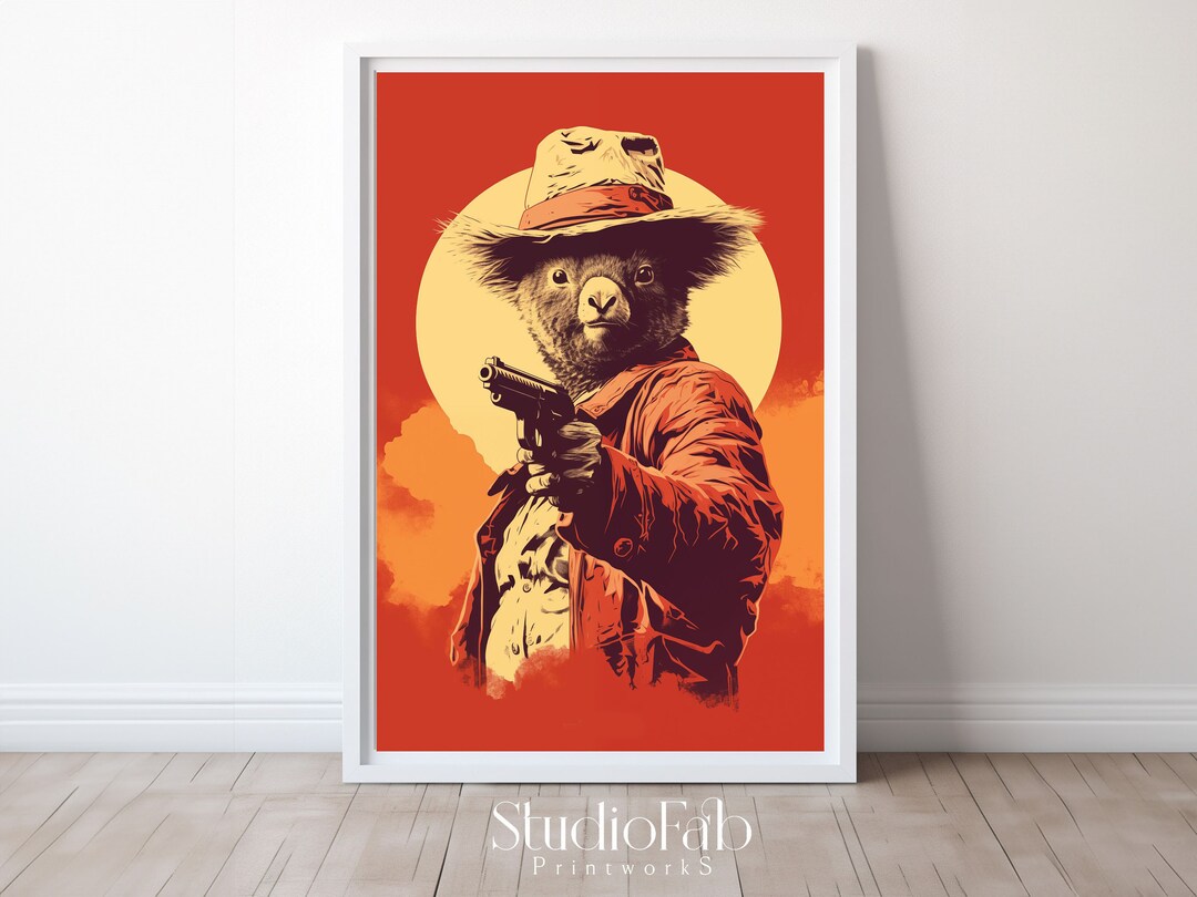 Downloadable Art Saul Bass-inspired Retro Koala Cowboy Print, Red & Yellow Desert Sun Wall Decor ...