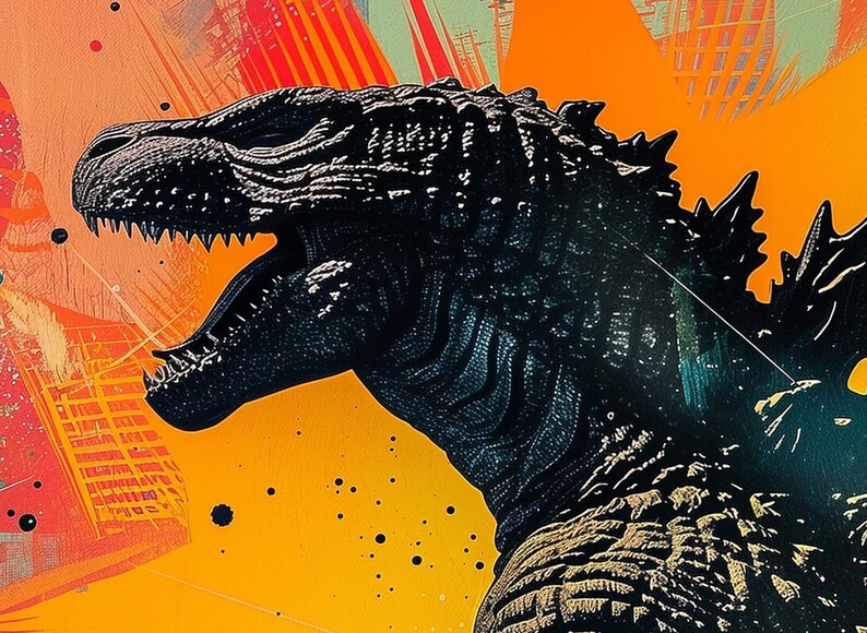 Neon Godzilla Print Digital Download Edgy Black Screenprint With Neon ...