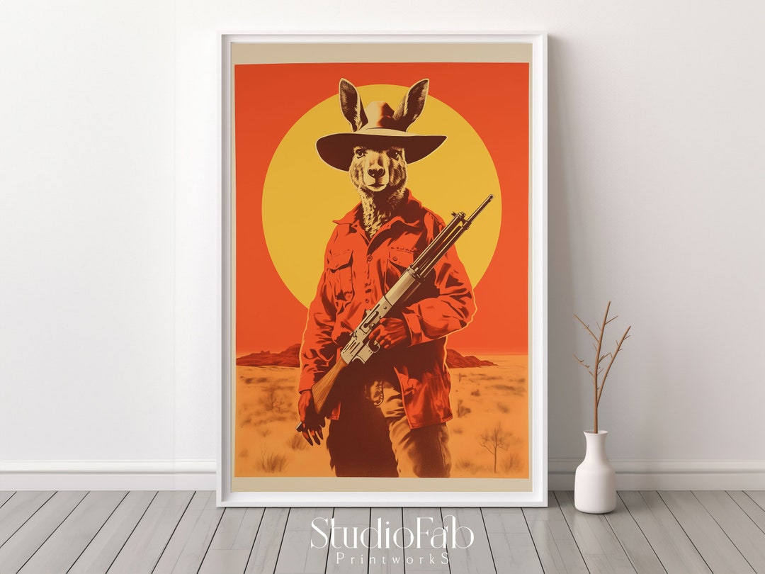 Downloadable Art Saul Bass-inspired Retro Kangaroo Cowboy Print, Red & Yellow Desert Sun Wall ...