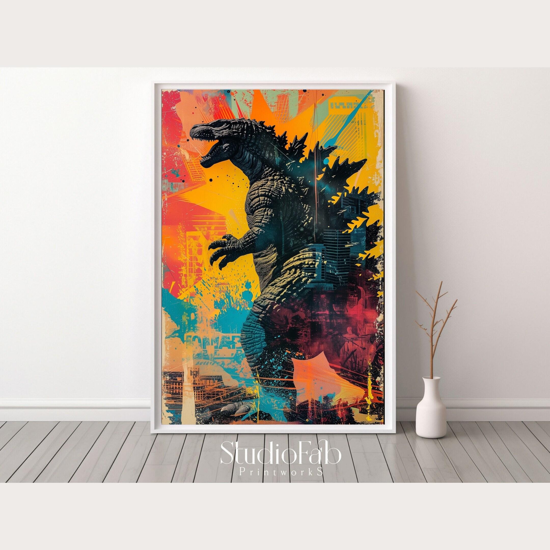 Neon Godzilla Print Digital Download Edgy Black Screenprint With Neon ...