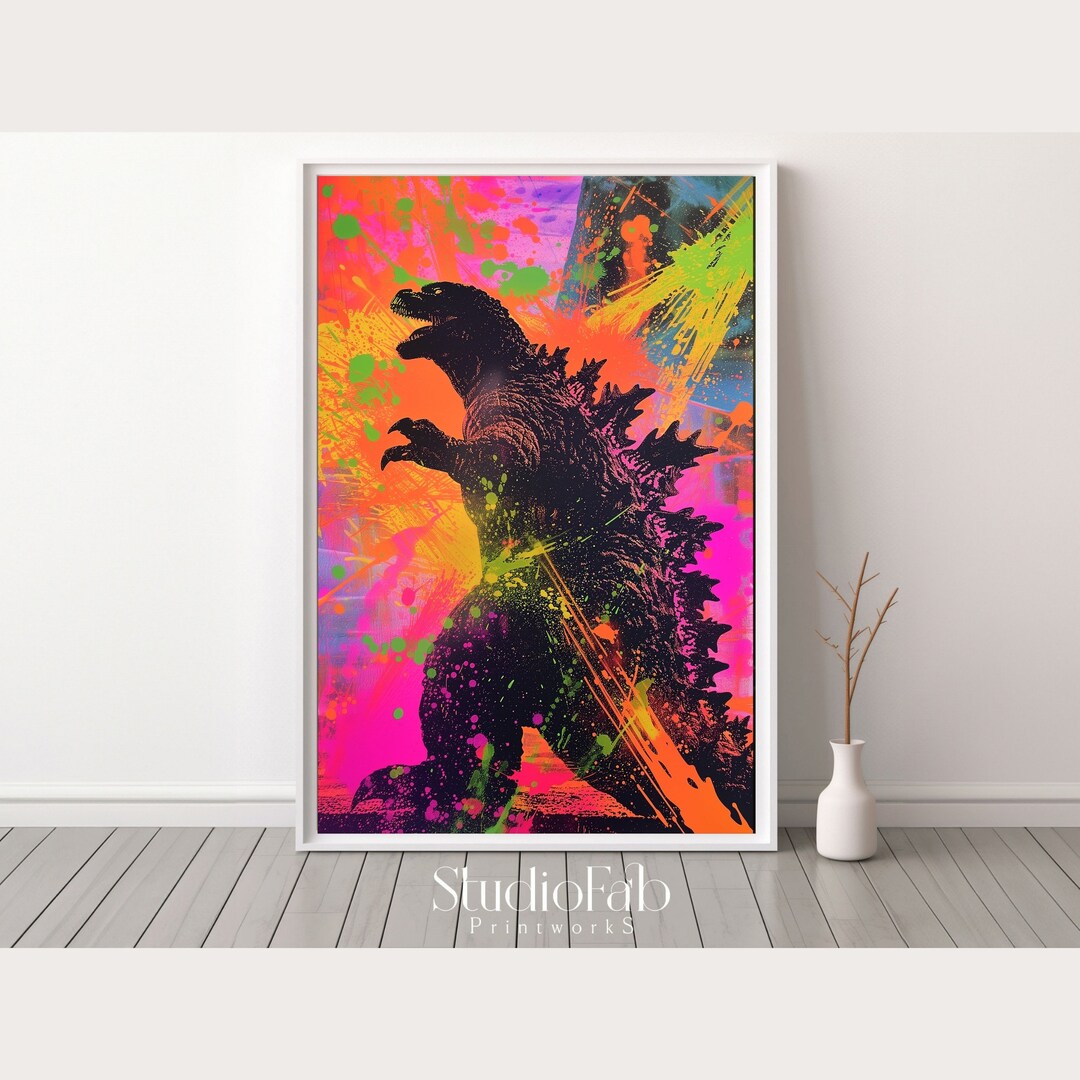 Neon Godzilla Print Digital Download Edgy Black Screenprint With Neon ...