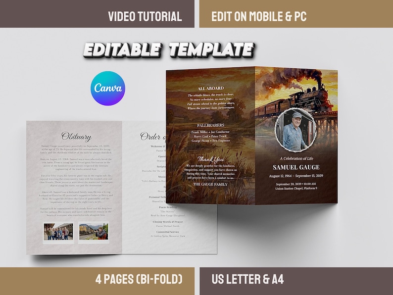 Vintage Train Funeral Program Template, Steam Locomotive Conductor, Railroad Obituary Template ...