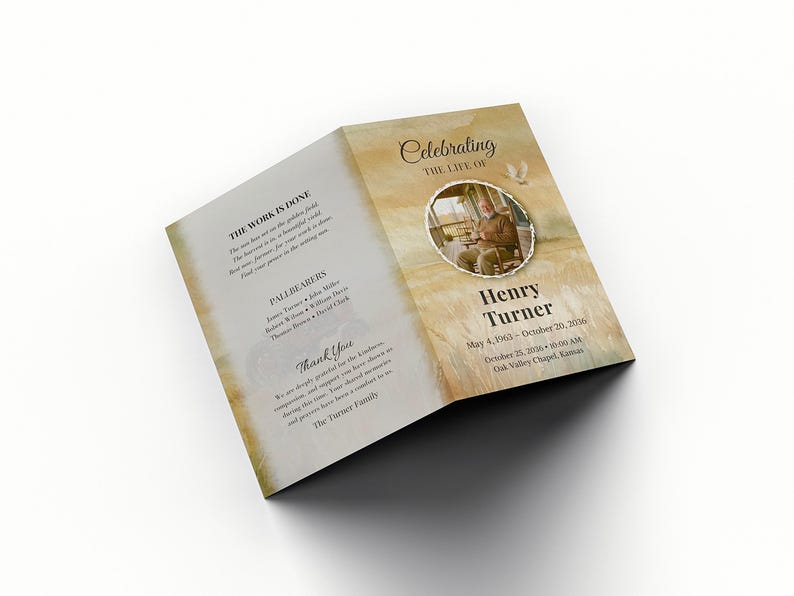 Obituary Template Canva for Men, Farmer Funeral Program, Wheat Field ...