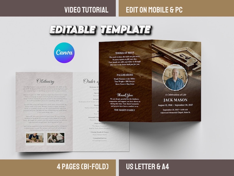 Mechanic Funeral Program Template, Handyman Carpenter Tools Theme ...