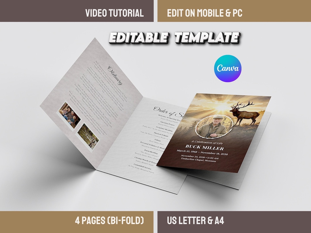 Obituary Template Canva for Men, Hunter Funeral Program, Elk Deer ...