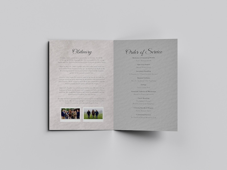 Obituary Template Canva for Men, Horse Racing Funeral Program, Jockey ...