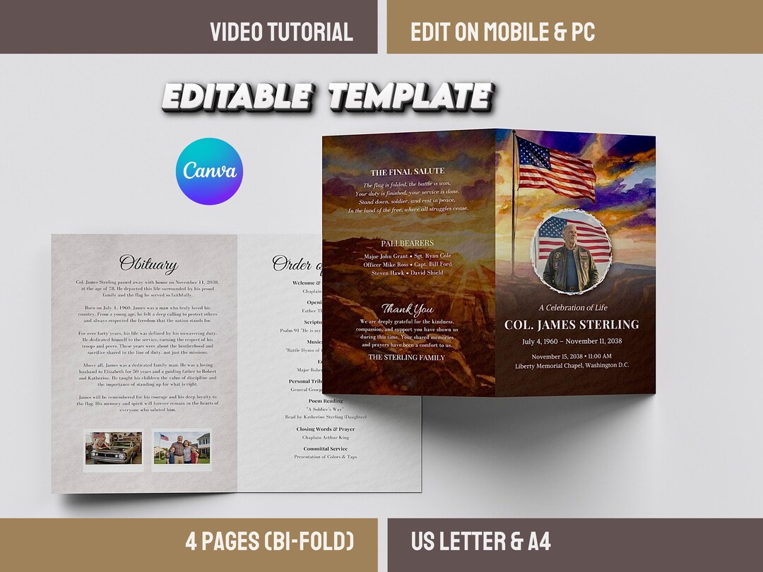 Patriotic Funeral Program Template, Military Veteran American Flag ...