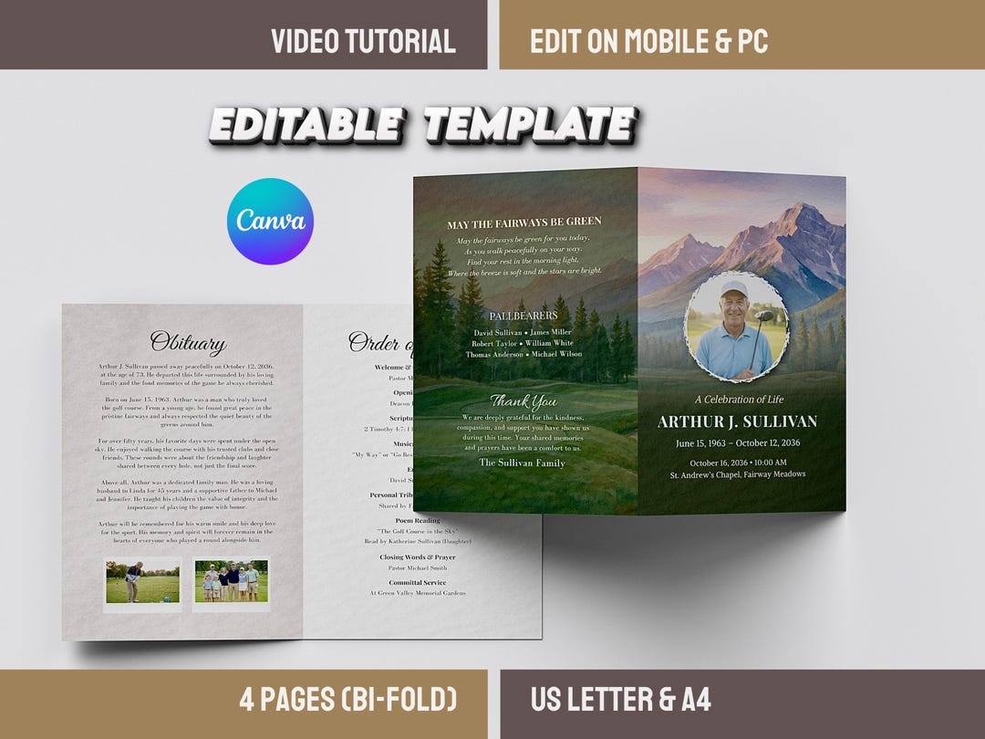 Obituary Template Canva for Men, Golf Funeral Program, Golfer Memorial ...
