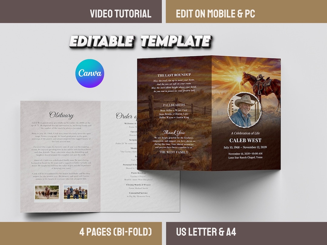 Western Cowboy Funeral Program Template, Men's Rancher Celebration of ...