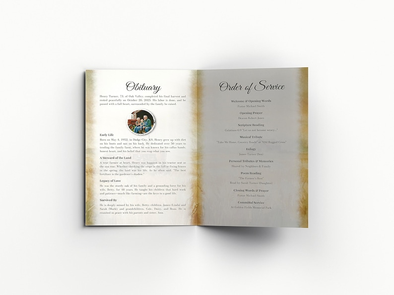 Obituary Template Canva for Men, Farmer Funeral Program, Wheat Field ...