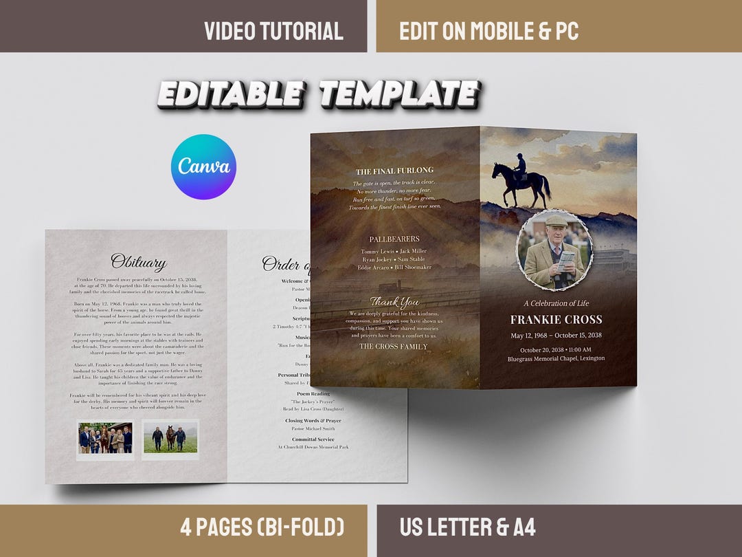 Obituary Template Canva for Men, Horse Racing Funeral Program, Jockey ...
