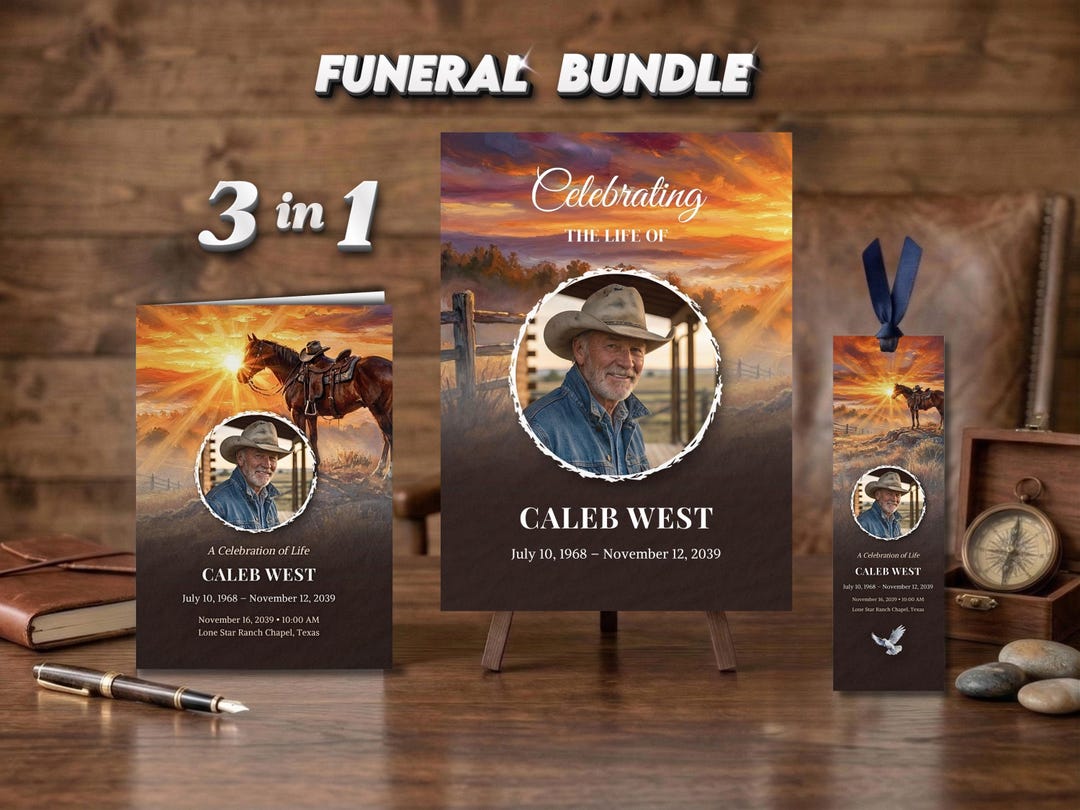 Cowboy Funeral Program Sign Bookmark Bundle, Western Men's Canva ...