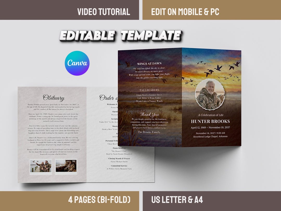 Duck Hunter Funeral Program Template, Mallard Waterfowl Celebration of ...