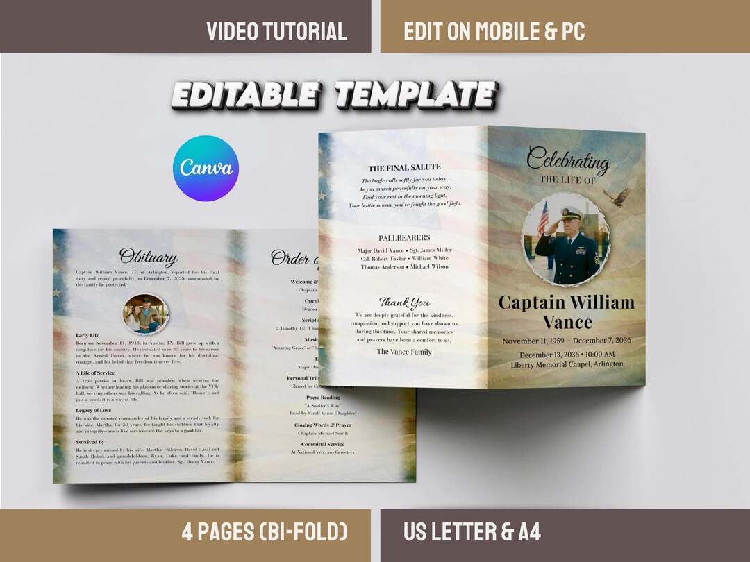 Military Veteran Funeral Program Obituary Template, Patriotic Flag ...