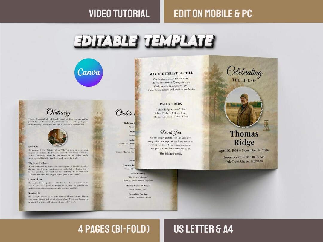 Hunter Funeral Program Template, Outdoorsman Celebration of Life, Canva ...