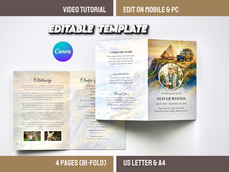 Men's Camping Funeral Bi-fold Program Template, Mountain Celebration of ...