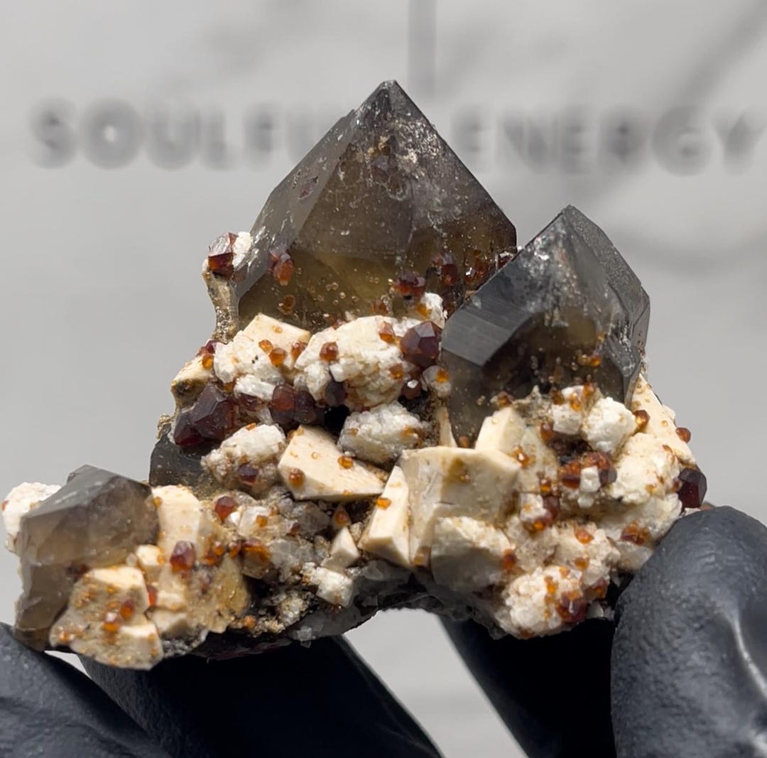 RARE Smoky Quartz With Garnet Cluster Crystal Home Decor Art Interior ...