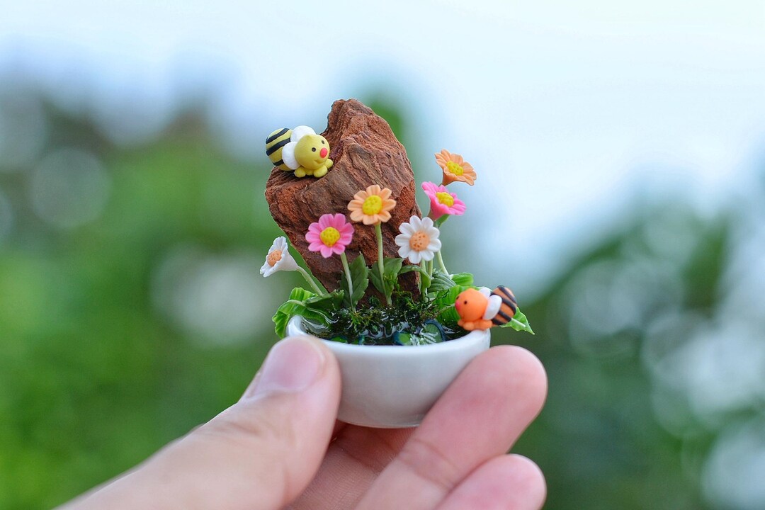 Miniature Clay Bee Figurine: Fairy Garden Diorama With Flowers - Etsy