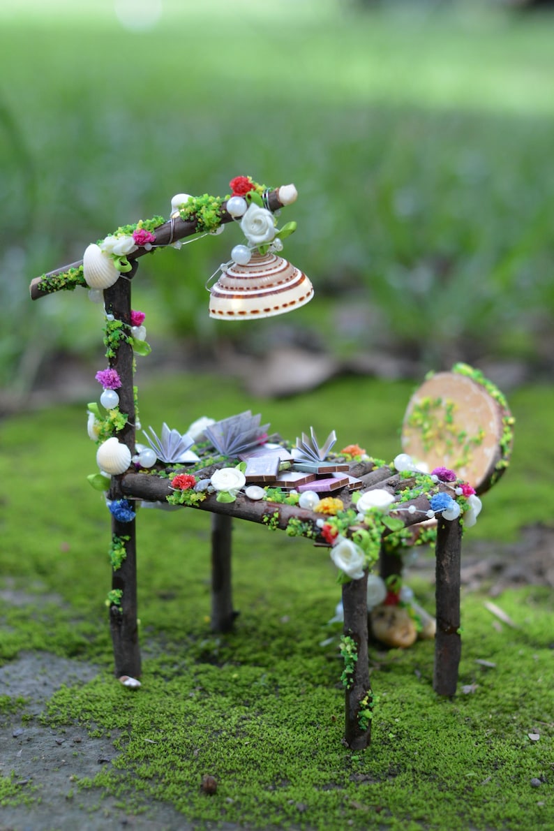 Miniature Fairy Working Table With Lamp and Chair Made From Stone, Wood ...