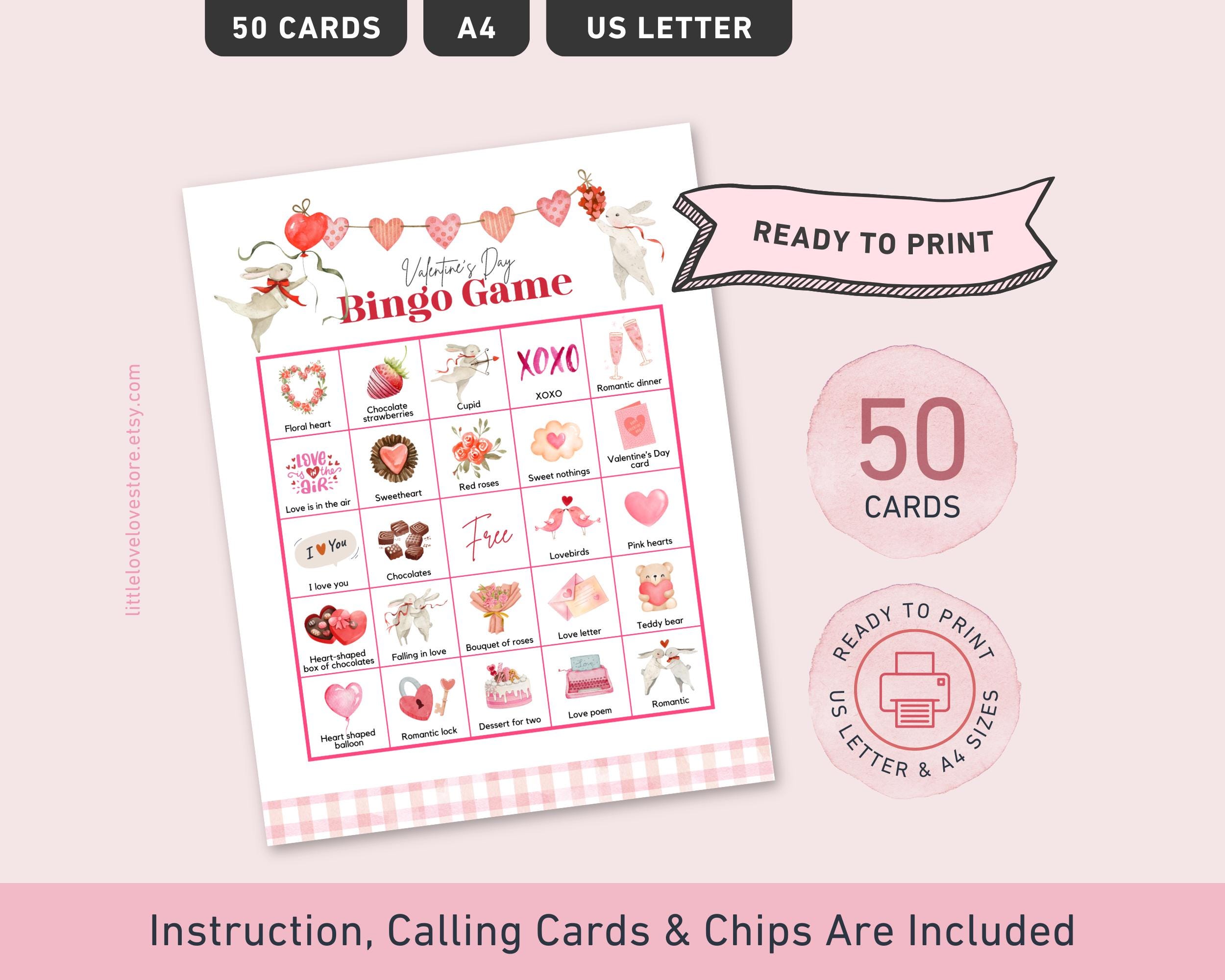 Valentines Bingo Game Printable, 50 Unique Bingo Cards, Valentine's Day ...