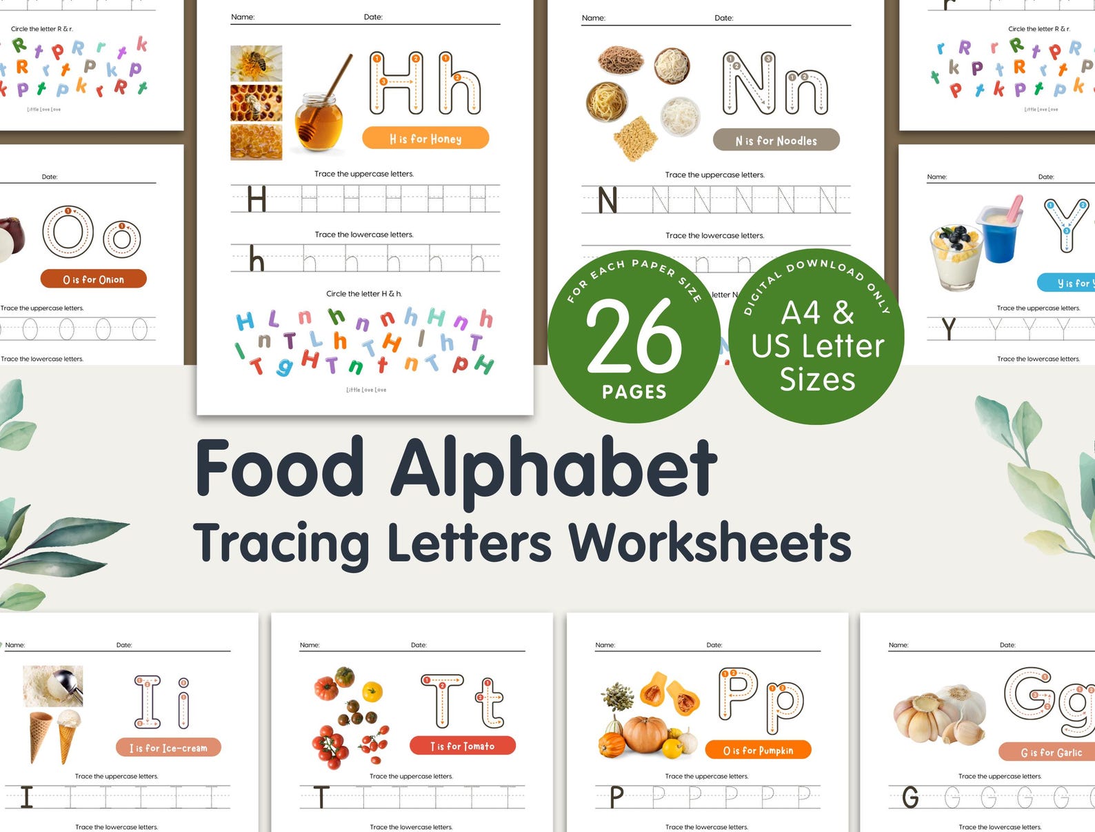 Alphabet Letters Tracing Worksheets | Handwriting Practice, A to Z Food ...