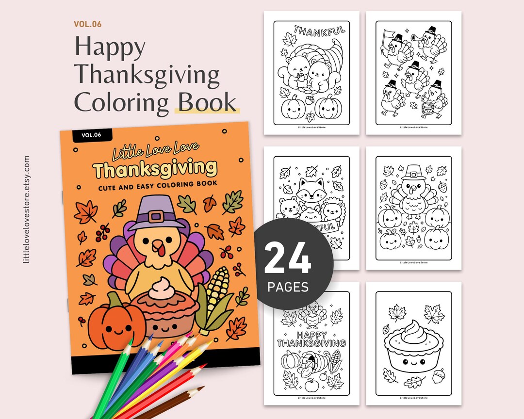 Happy Thanksgiving Bold and Easy Kawaii Coloring Book, Kids Fall ...