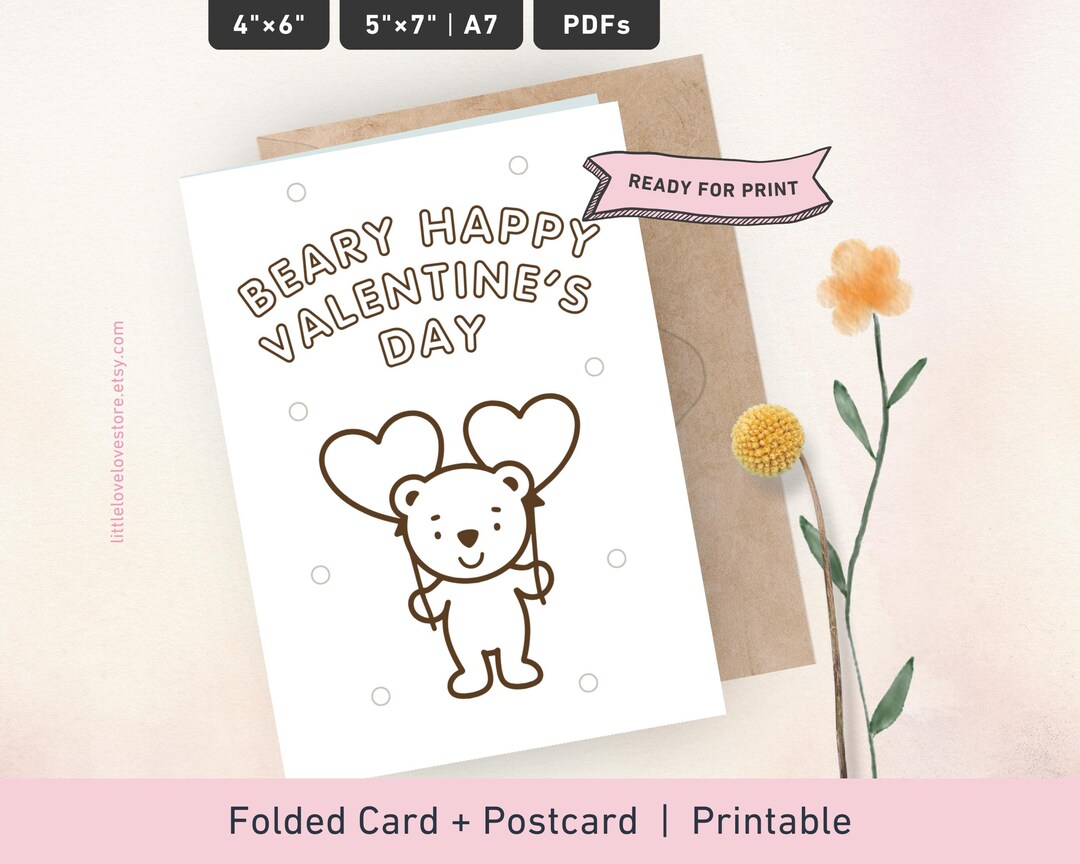 Bear Valentine Coloring Card With for Toddler & Preschool Classroom ...