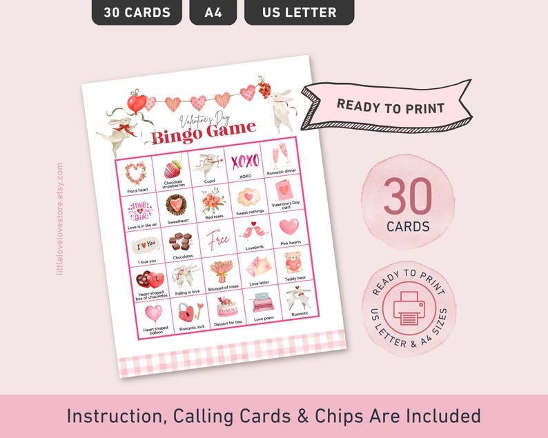 30 Valentines Bingo Game Cards Printable, Galentines Bingo Cards ...