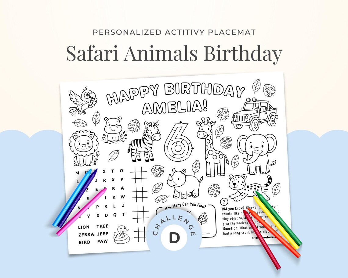 Safari Animals Birthday Placemat Coloring Sheet, Kids Puzzles, Name ...