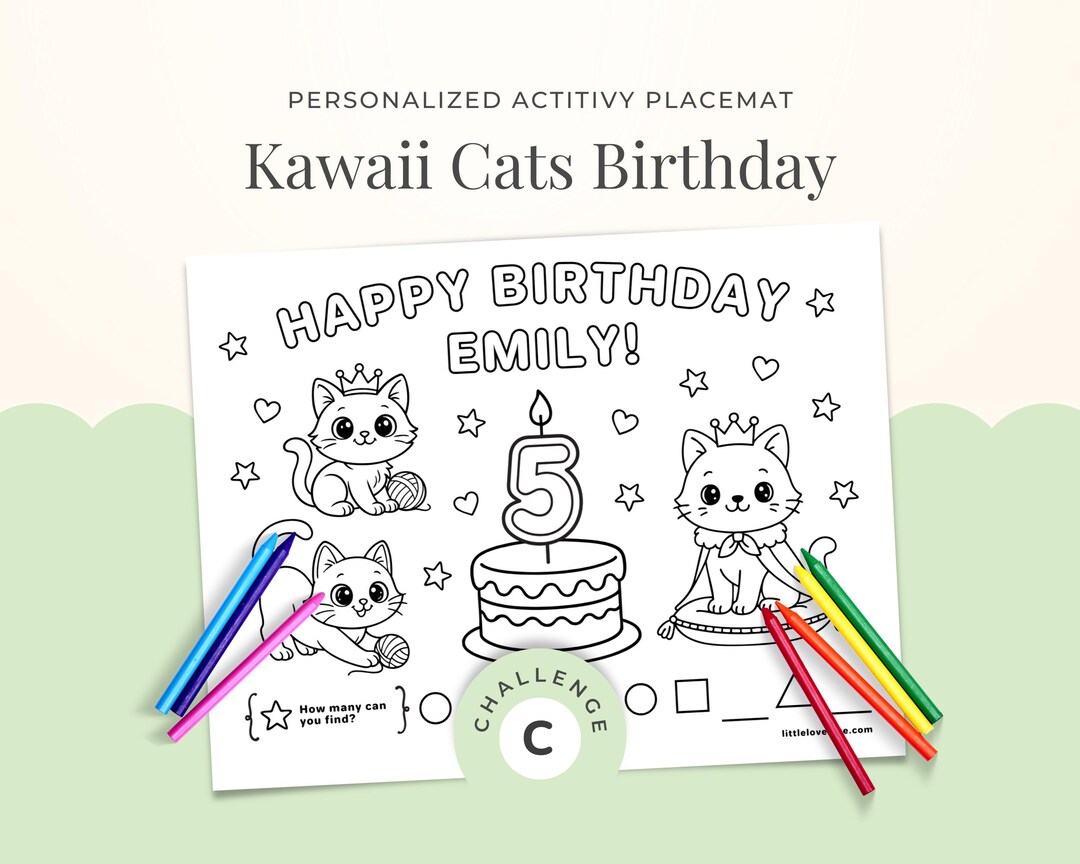 Birthday Activity Placemat: Cats Coloring and Activities (editable Name ...