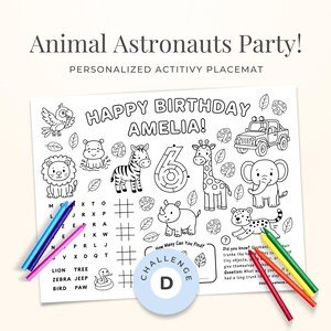 Safari Animals Birthday Placemat Coloring Sheet, Kids Puzzles, Name ...