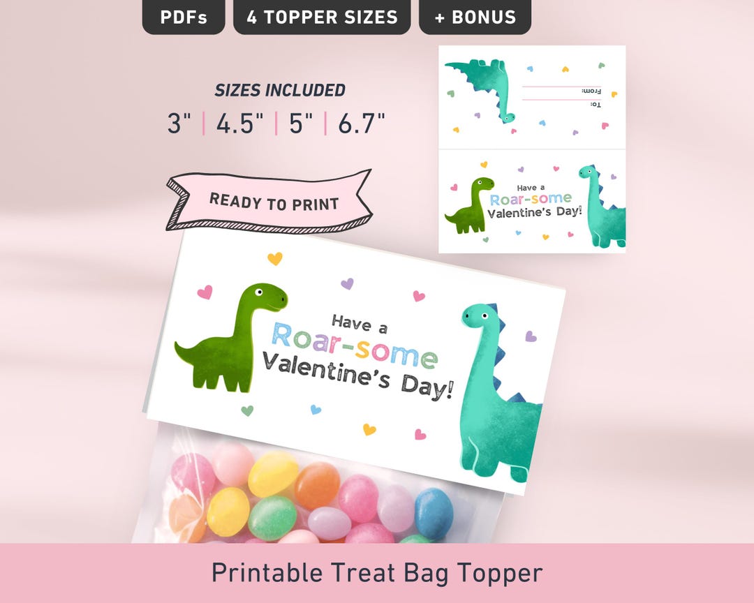 Valentine Dinosaurs Printable Treat Bag Topper Kids Classroom Favor Bag ...