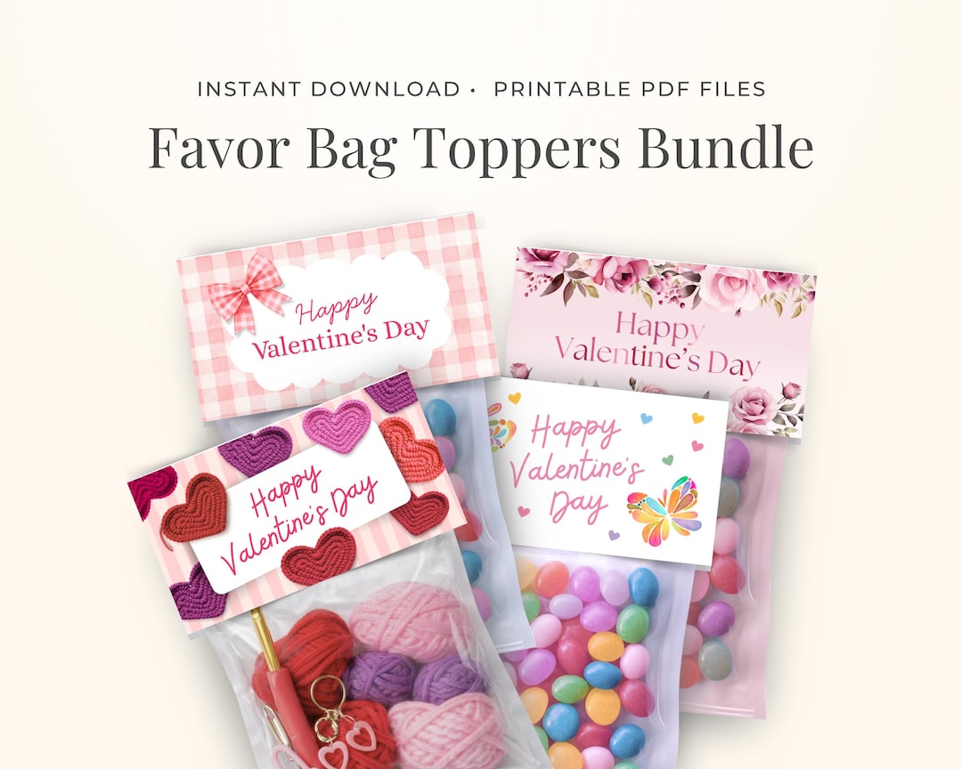 Valentine Favor Bag Toppers Bundle - Blush Gingham, Crochet Hearts ...