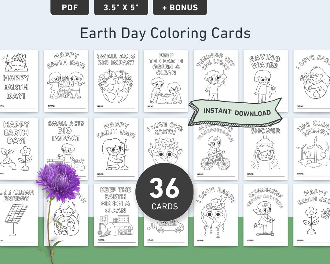 Printable Earth Day Coloring Cards With 36 Fun Designs Happy Earth Day ...