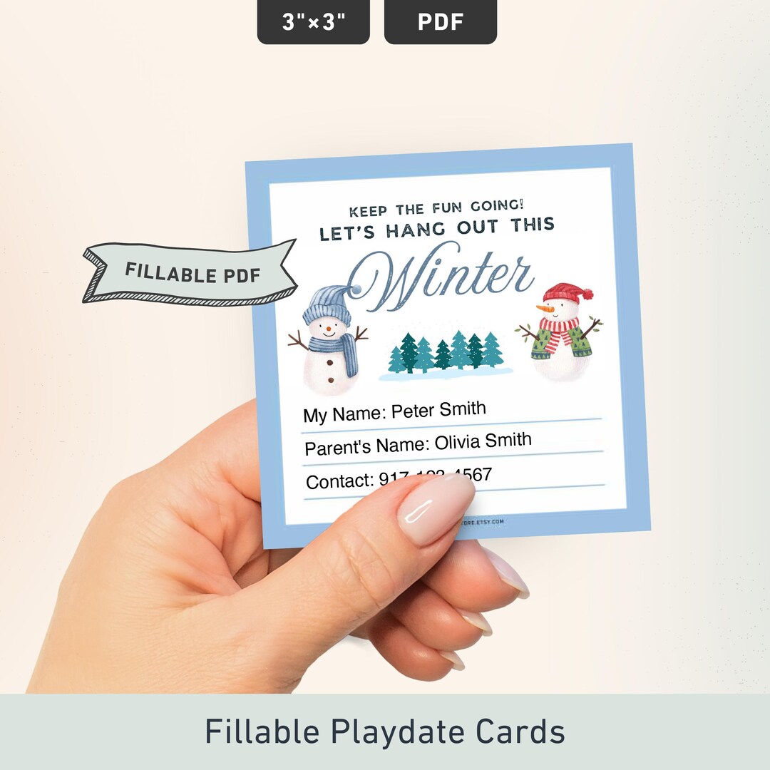 Fillable Playdate Cards for Kids Winter Break, Kids Business Card, End ...