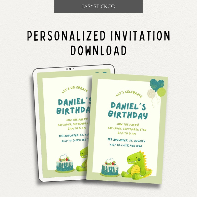 Personalized Green Cute Dinosaur Birthday Invitation Card Download - Etsy