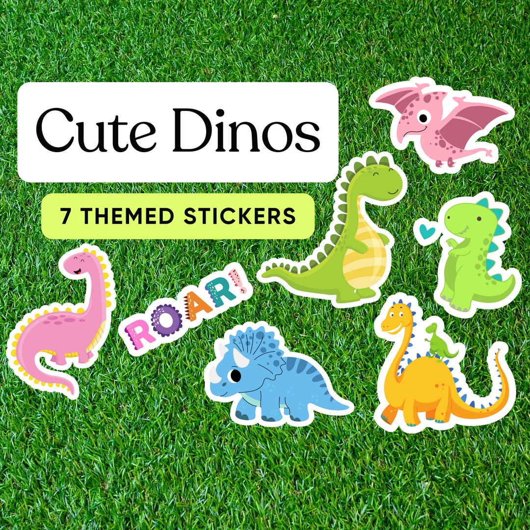7 Cute Dino Themed Sticker Pack Waterproof Cute Dino Sticker Set 7 ...