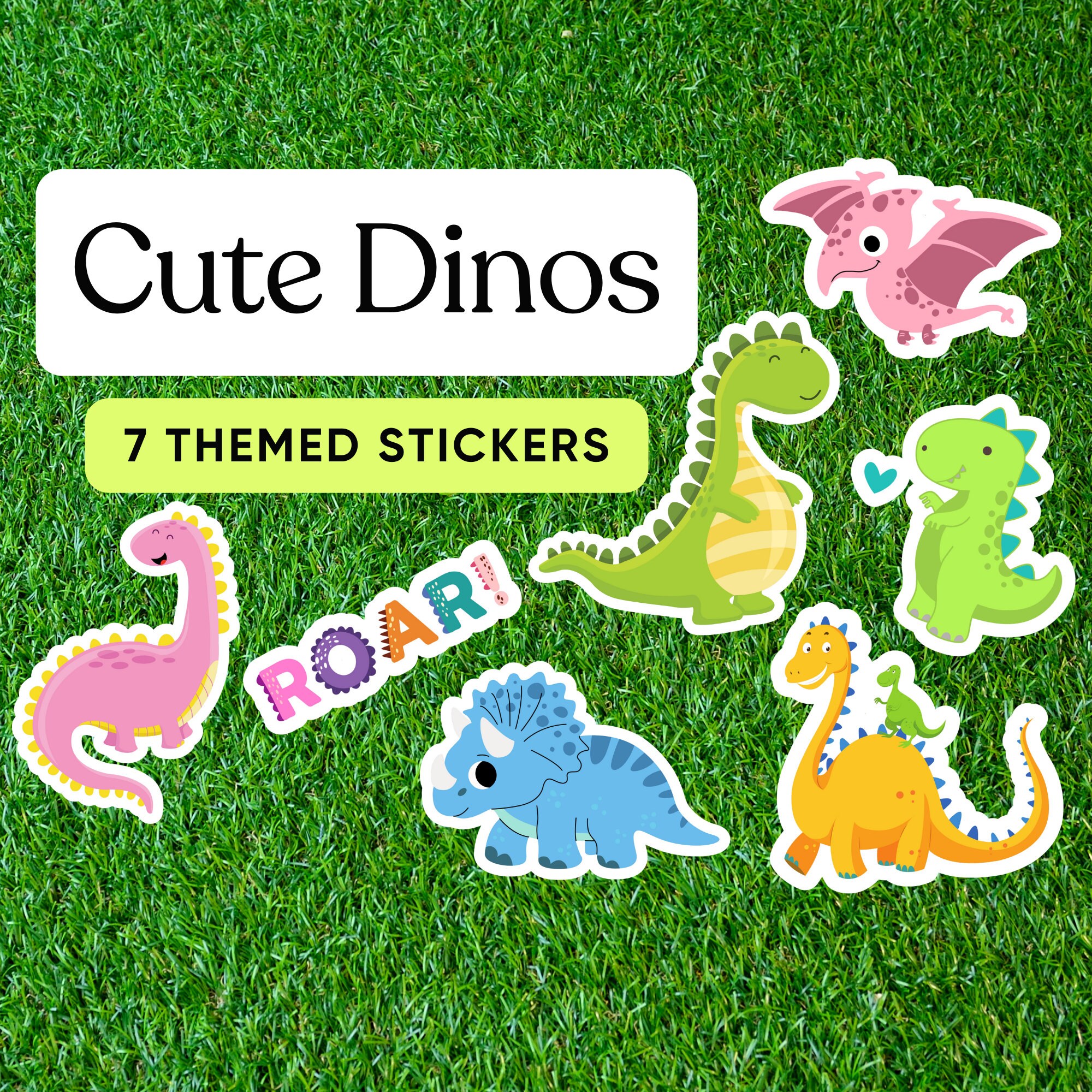 7 Cute Dino Themed Sticker Pack Waterproof Cute Dino Sticker Set 7 ...