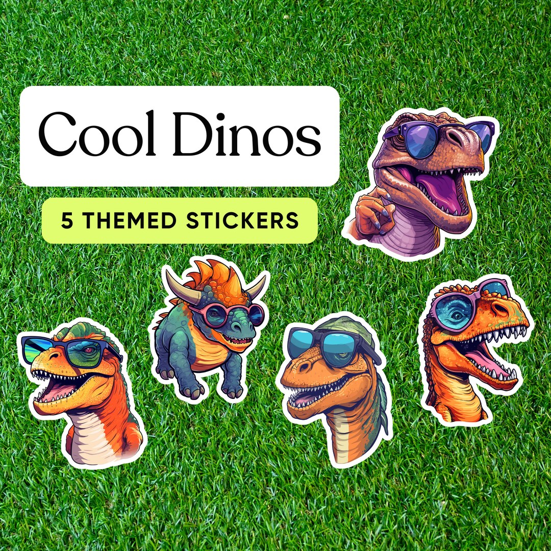 5 Dino's in Sunglasses Themed Sticker Pack Waterproof Dino's in ...