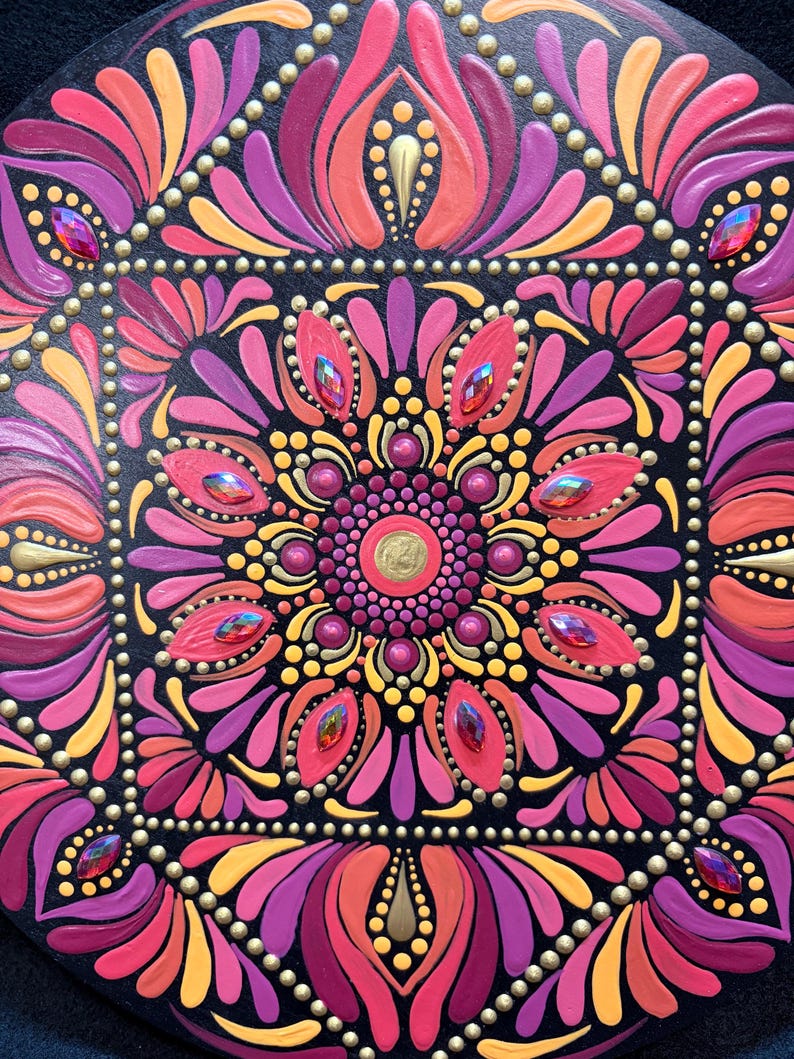 10” Handpainted Mandala - Crimson & Gold Squares - Etsy