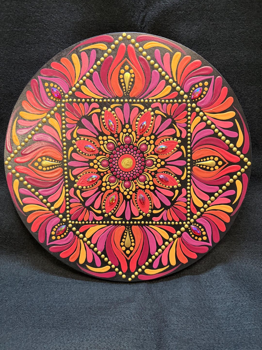 10” Handpainted Mandala - Crimson & Gold Squares - Etsy