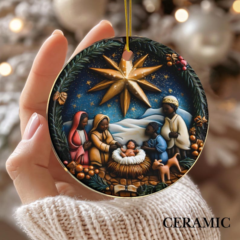 African American Nativity Jesuz Ceramic Christian Ornament, Black ...