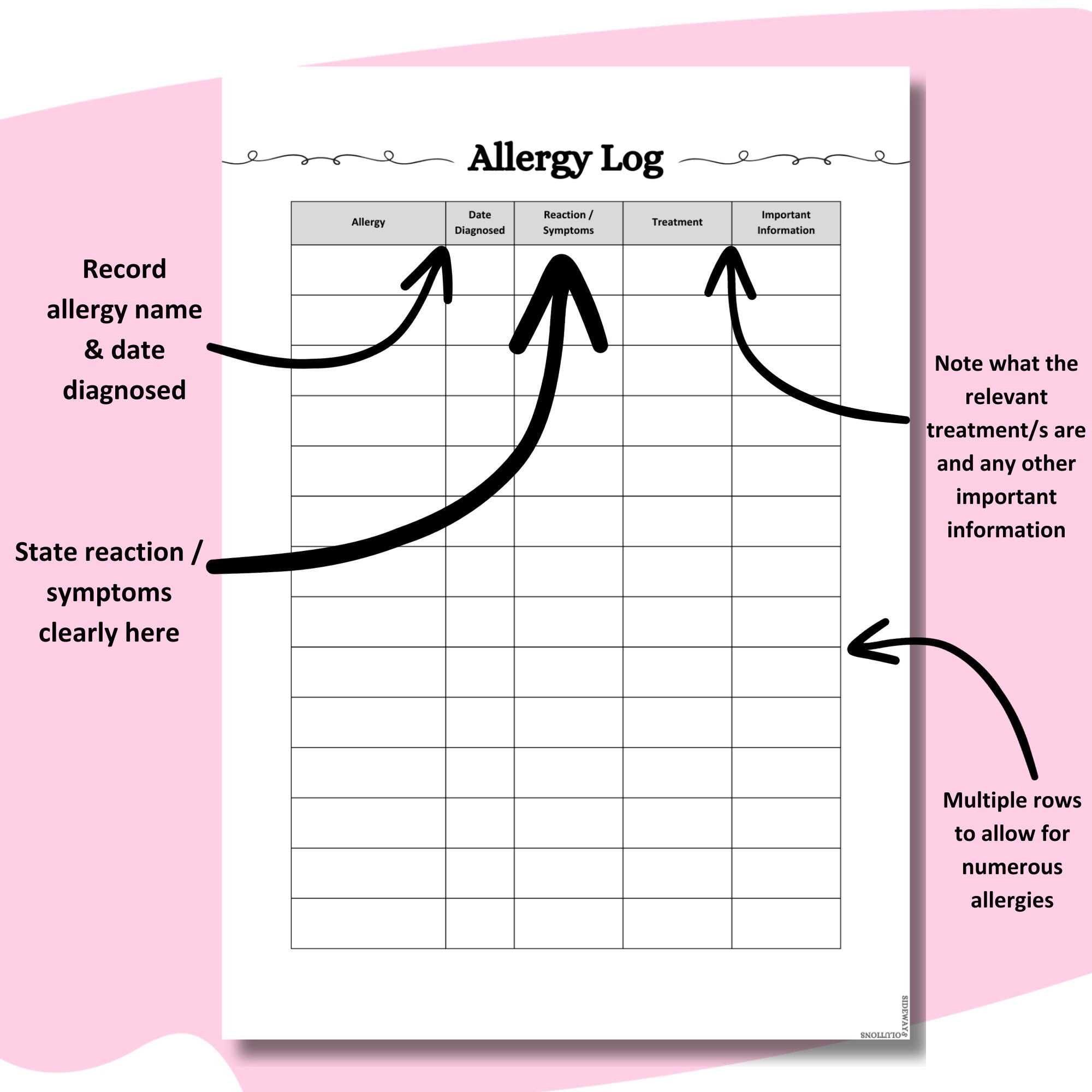 Allergy Log Allergic Reaction Record Allergy Tracking Sheet Health ...
