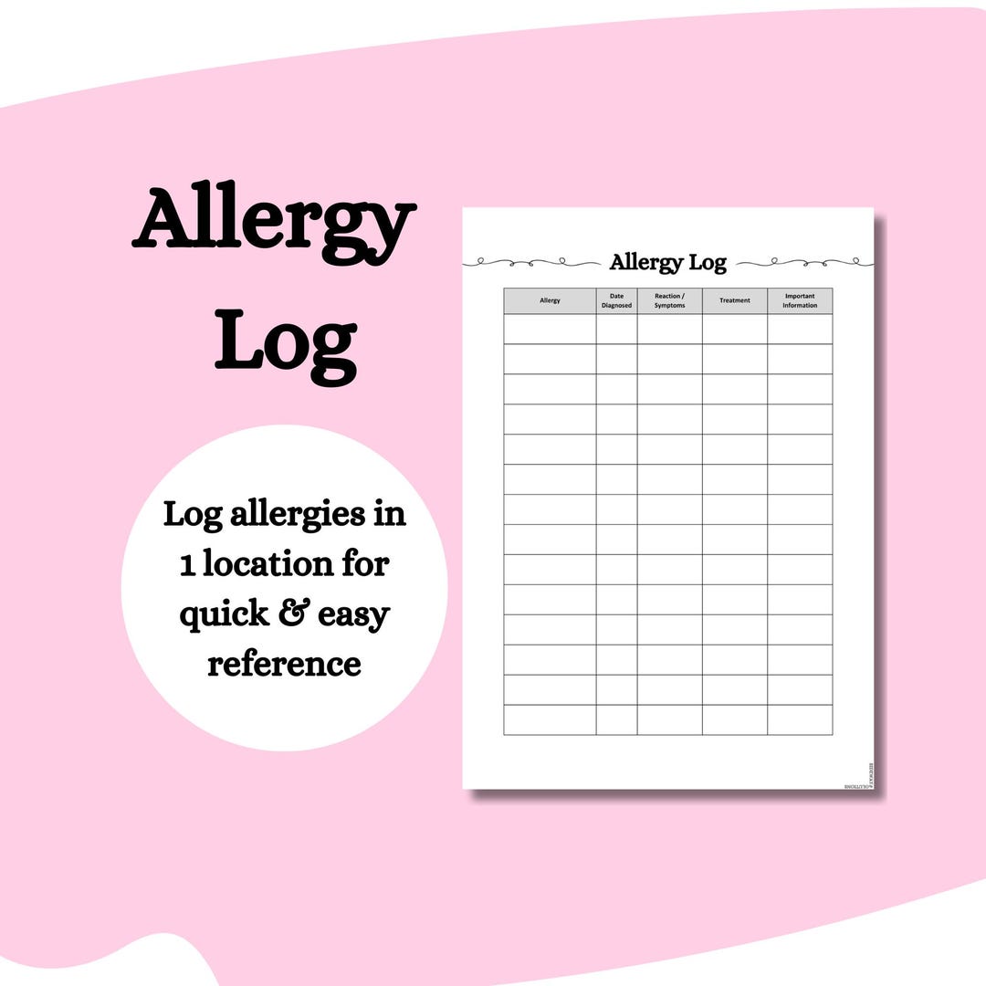 Allergy Log Allergic Reaction Record Allergy Tracking Sheet Health ...