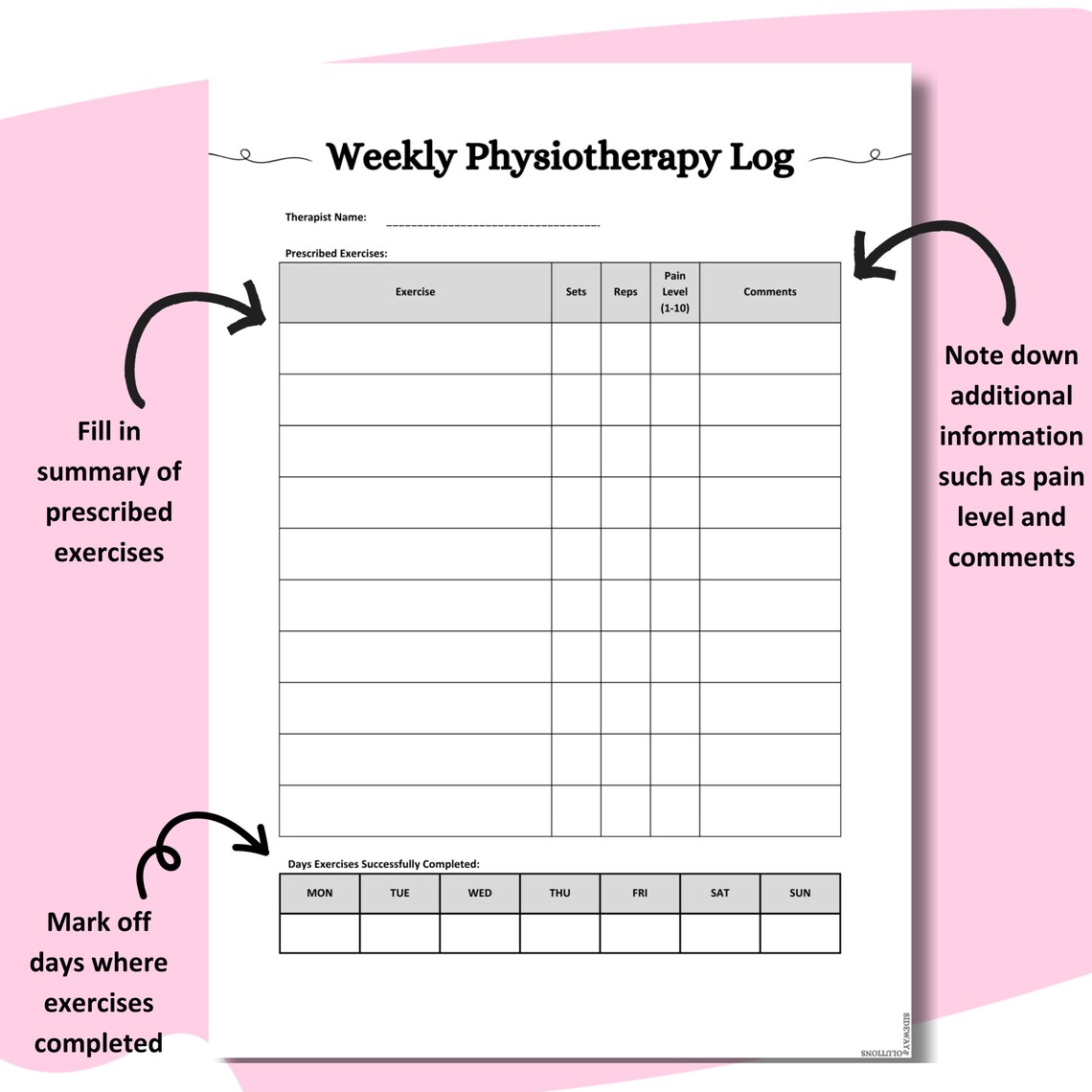 Physiotherapy Log Weekly Physical Therapy Log PT Exercise Tracker Health Planner Insert Physio ...